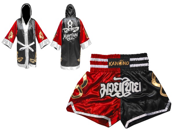 Custom Muay Thai Robe with hood and Kickboxing Shorts : Set-143-Red ...